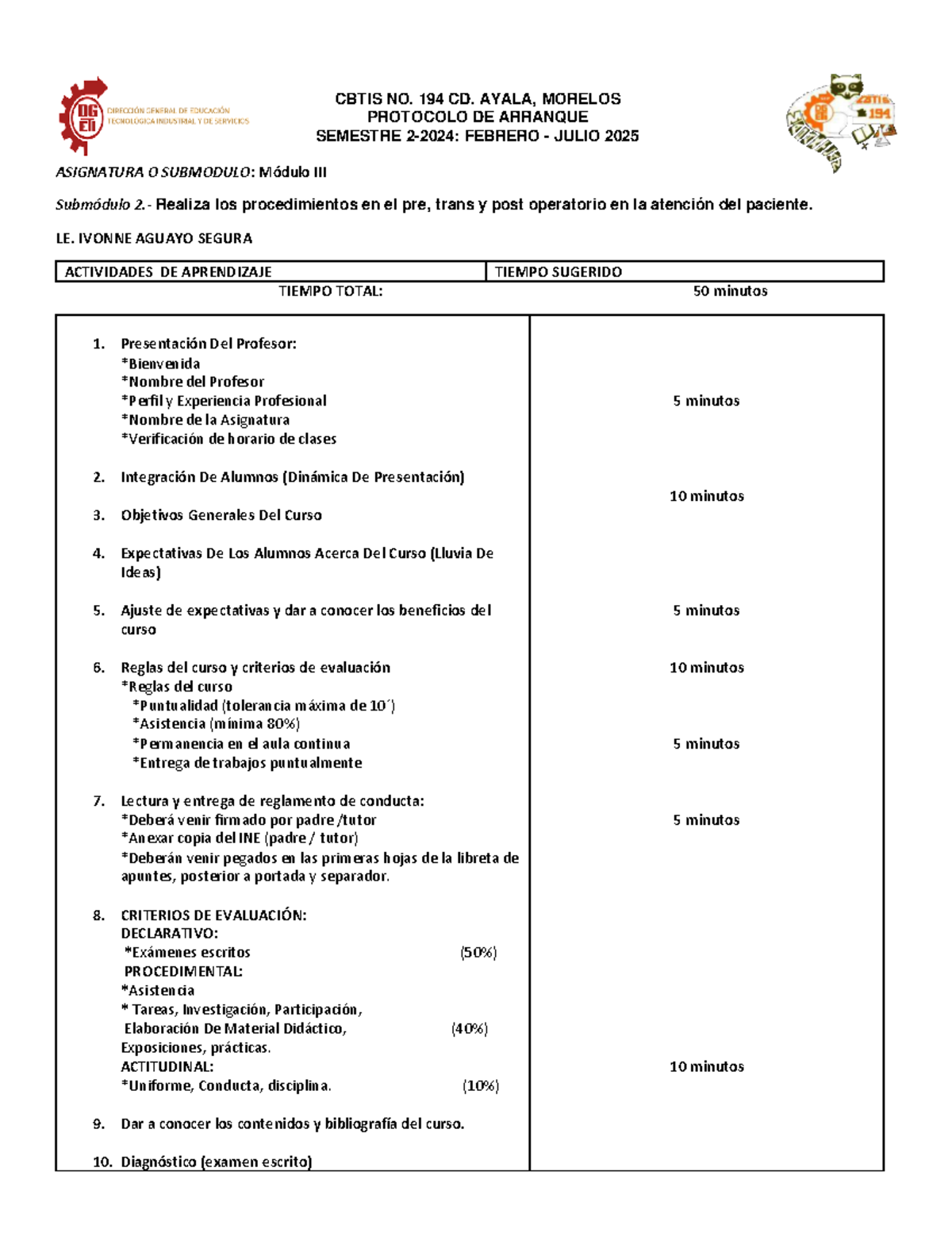 Protocolo de Arranque Semestre QX 2025 - CBTIS 194 - Studocu