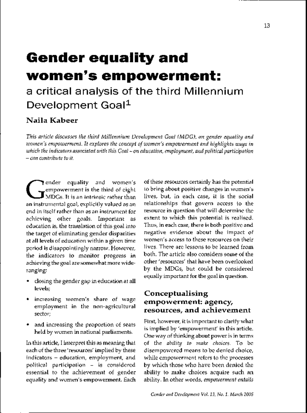 Gender Equality and Women's Empowerment: Analyzing MDG 3 (Kabeer 2005 ...