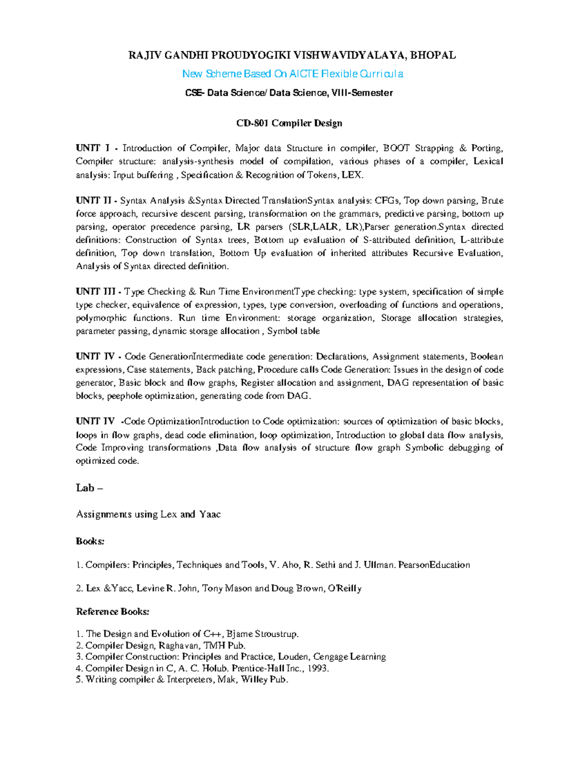 Data science syllabus for 8th semester: Compiler design, machine ...