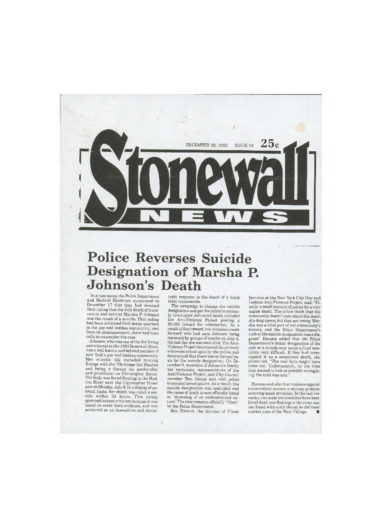 Police Reverses Suicide Ruling: Marsha P. Johnson Case Update - Studocu