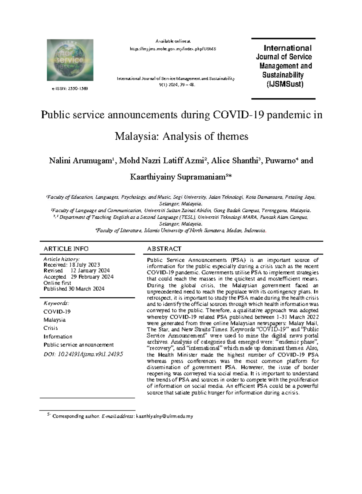 IJSMSust 9(1) 2024: Analysis of Malaysian Public Service Announcements ...