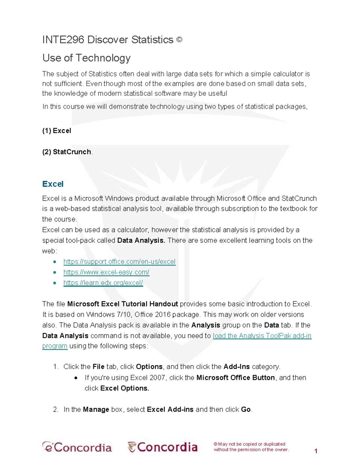 INTE296 Use of Technology in Statistics: Excel & StatCrunch - Studocu