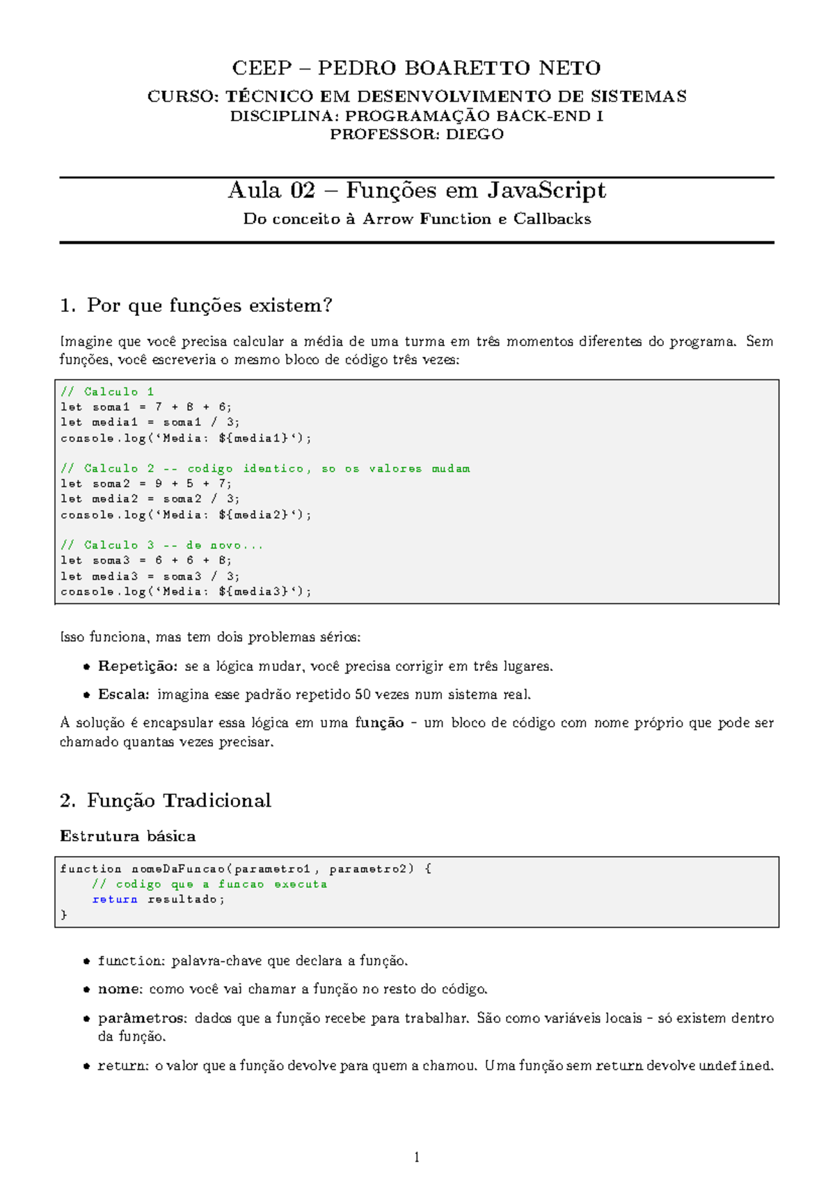 Aula 02: Funções e Callbacks em JavaScript - CEEP TDS - Studocu