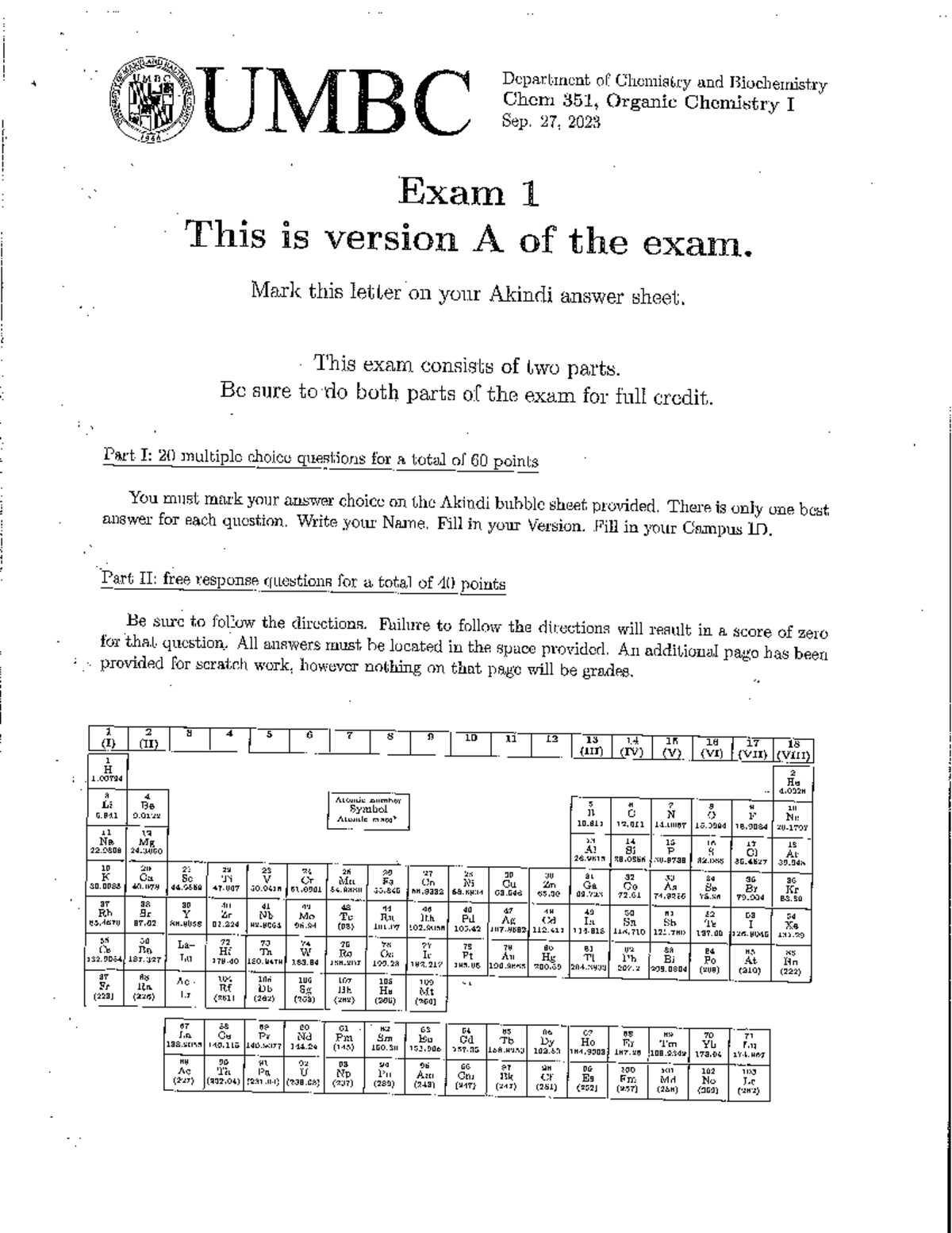 CHEM 351 Fall 2023 Exam 1: Organic Chemistry Multiple Choice Key - Studocu