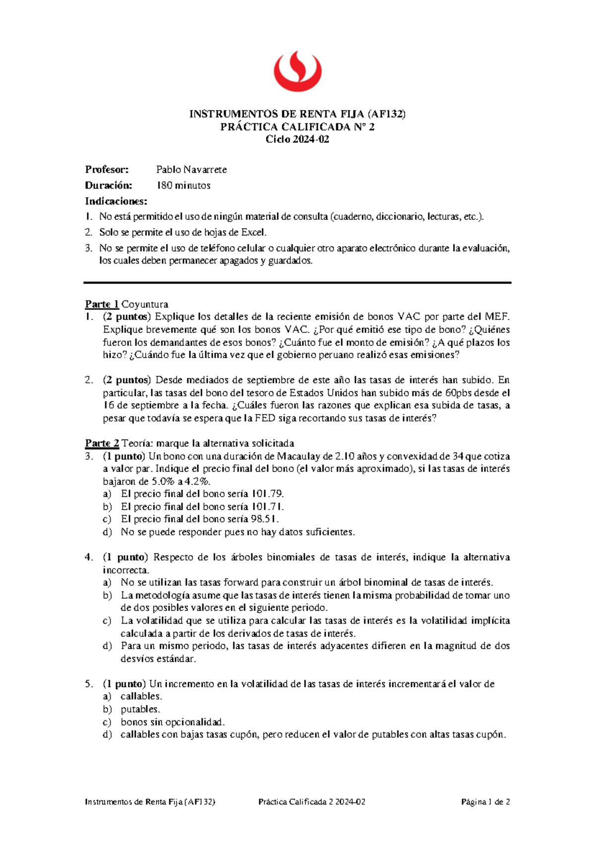 Instrumentos de Renta Fija (AF132) Práctica Calificada 2 - 2024 - Studocu
