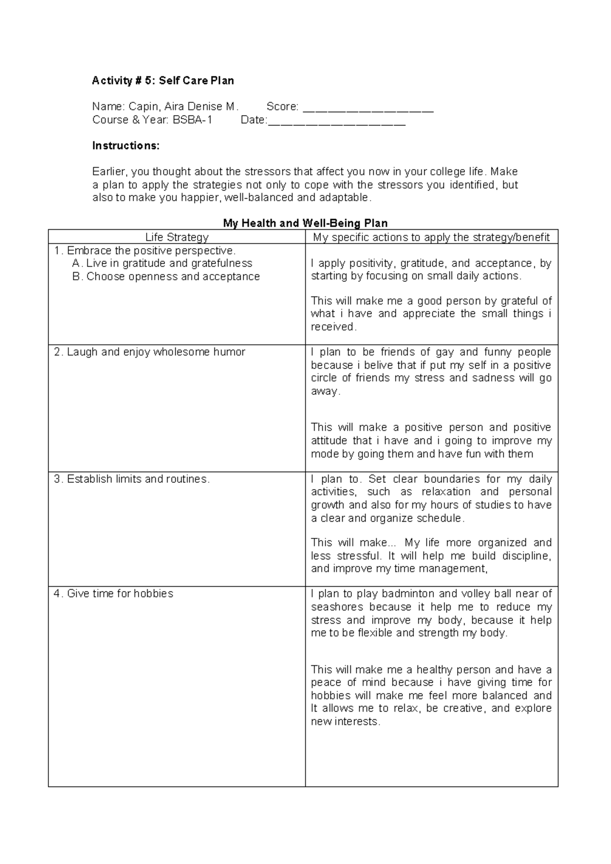 Activity 5: Self-Care Plan for Health & Well-Being (BSBA-1) - Studocu