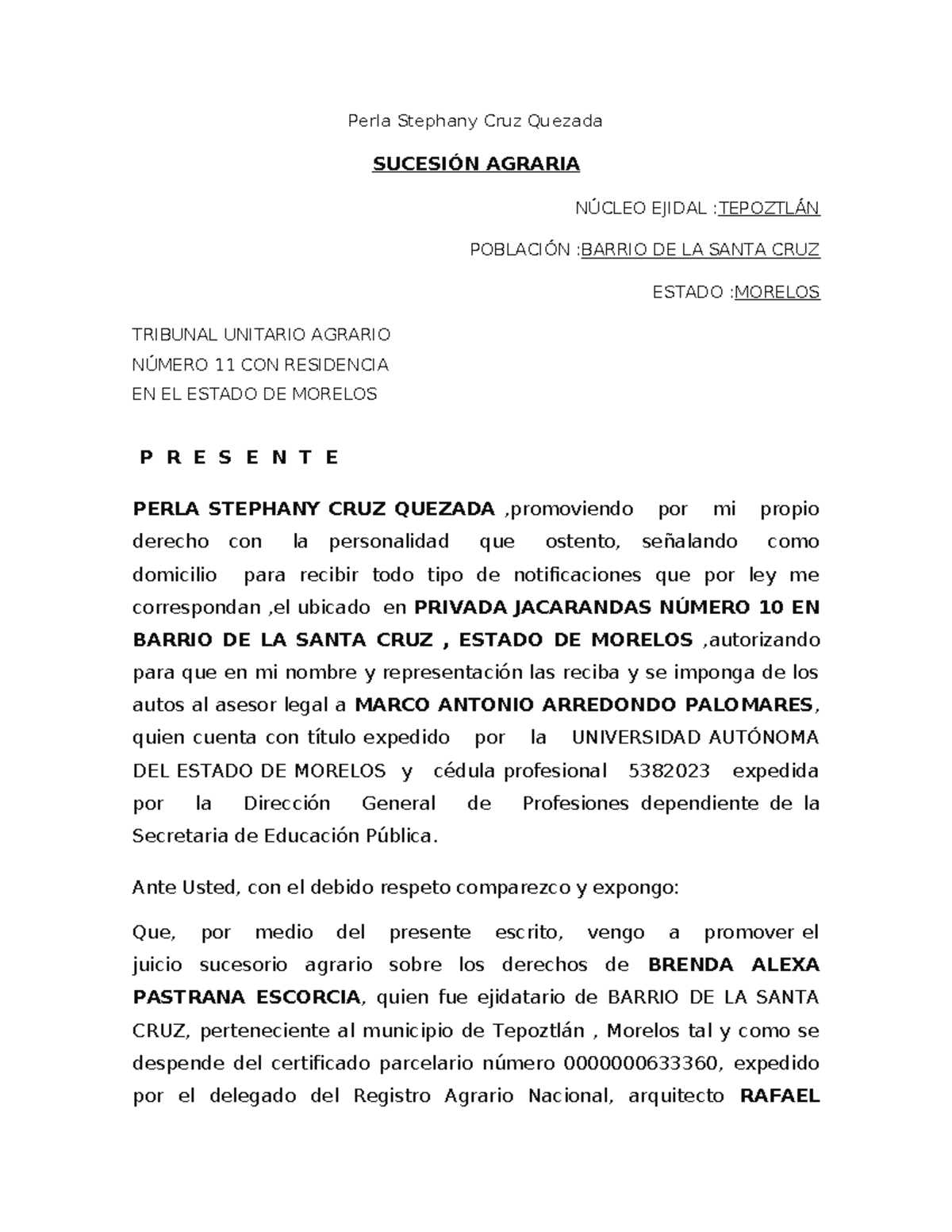 Demanda agrario - Perla Stephany Cruz Quezada SUCESIÓN AGRARIA NÚCLEO ...
