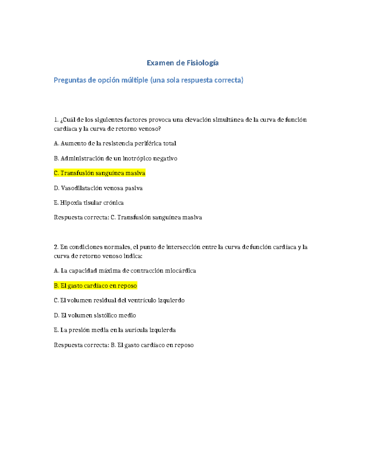 Examen de Fisiología: Preguntas de Opción Múltiple y Respuestas Correctas - Studocu