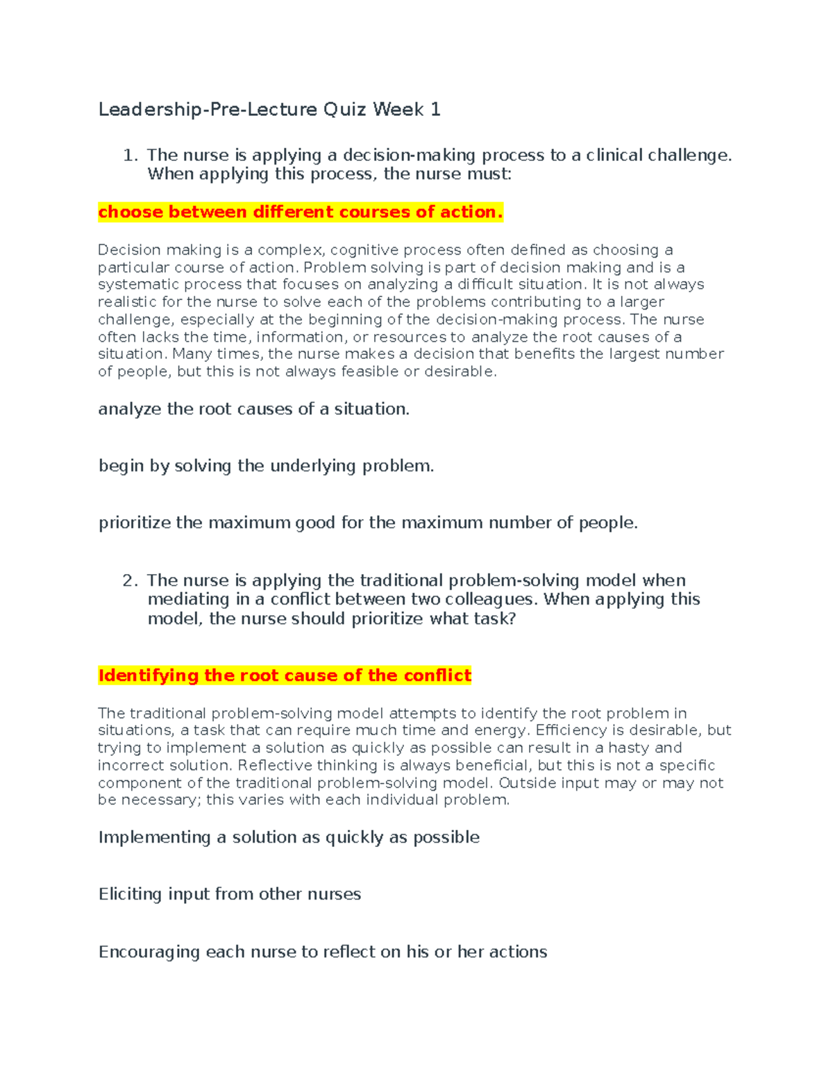 Leadership Pre-Lecture Quiz (Week 1): Key Concepts & Decision Making - Studocu