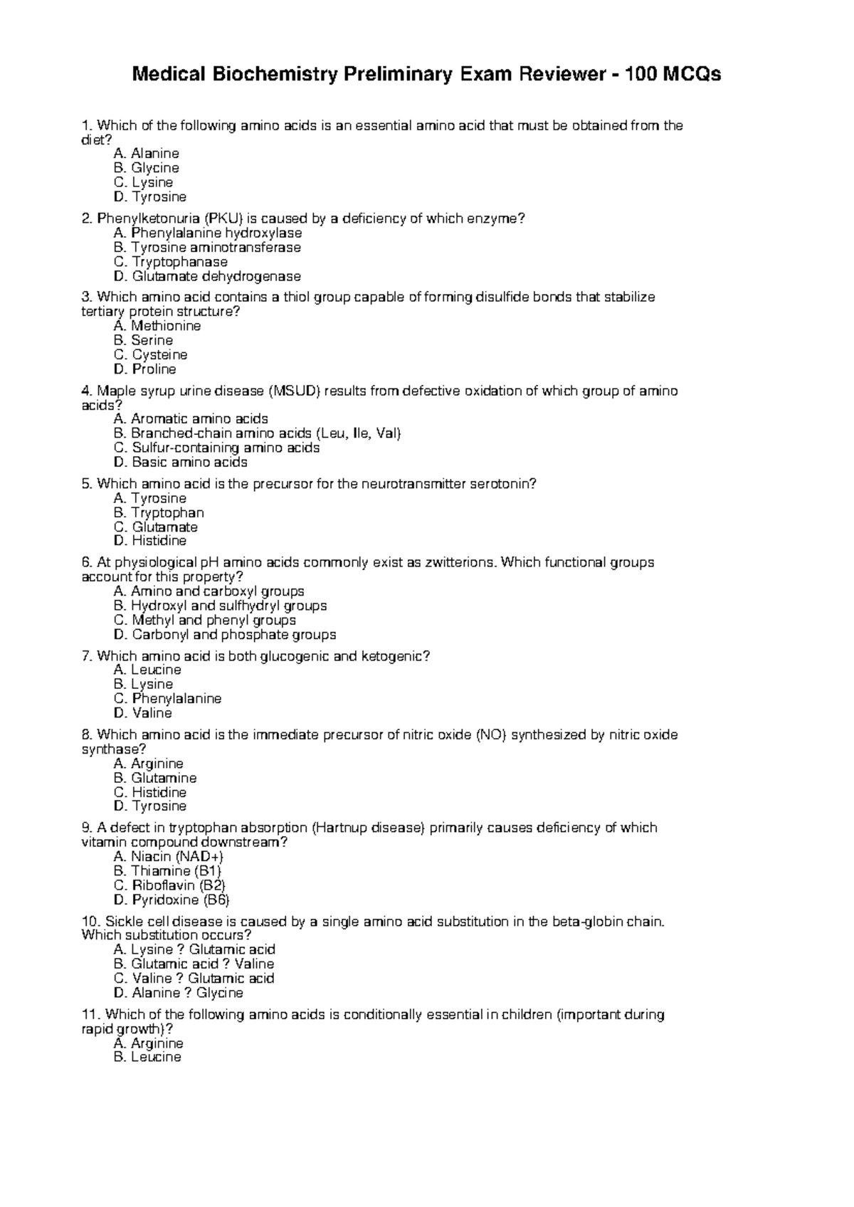 Medical Biochemistry Preliminary Exam Reviewer: 100 MCQs - Studocu