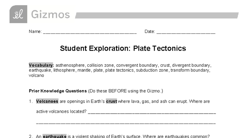 Gizmos Plate Tectonics Student Exploration (SE) Activity Guide - Studocu