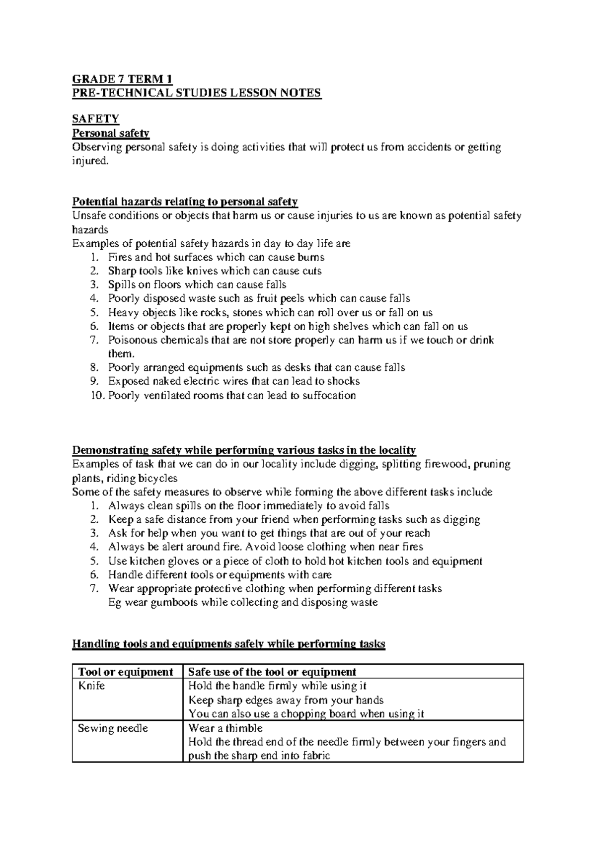 GRADE 7 TERM 1 SAFETY LESSON NOTES: PERSONAL SAFETY & HAZARDS - Studocu