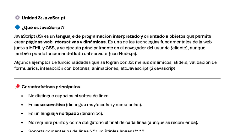 Unidad 3: Introducción a JavaScript y sus Características - Studocu