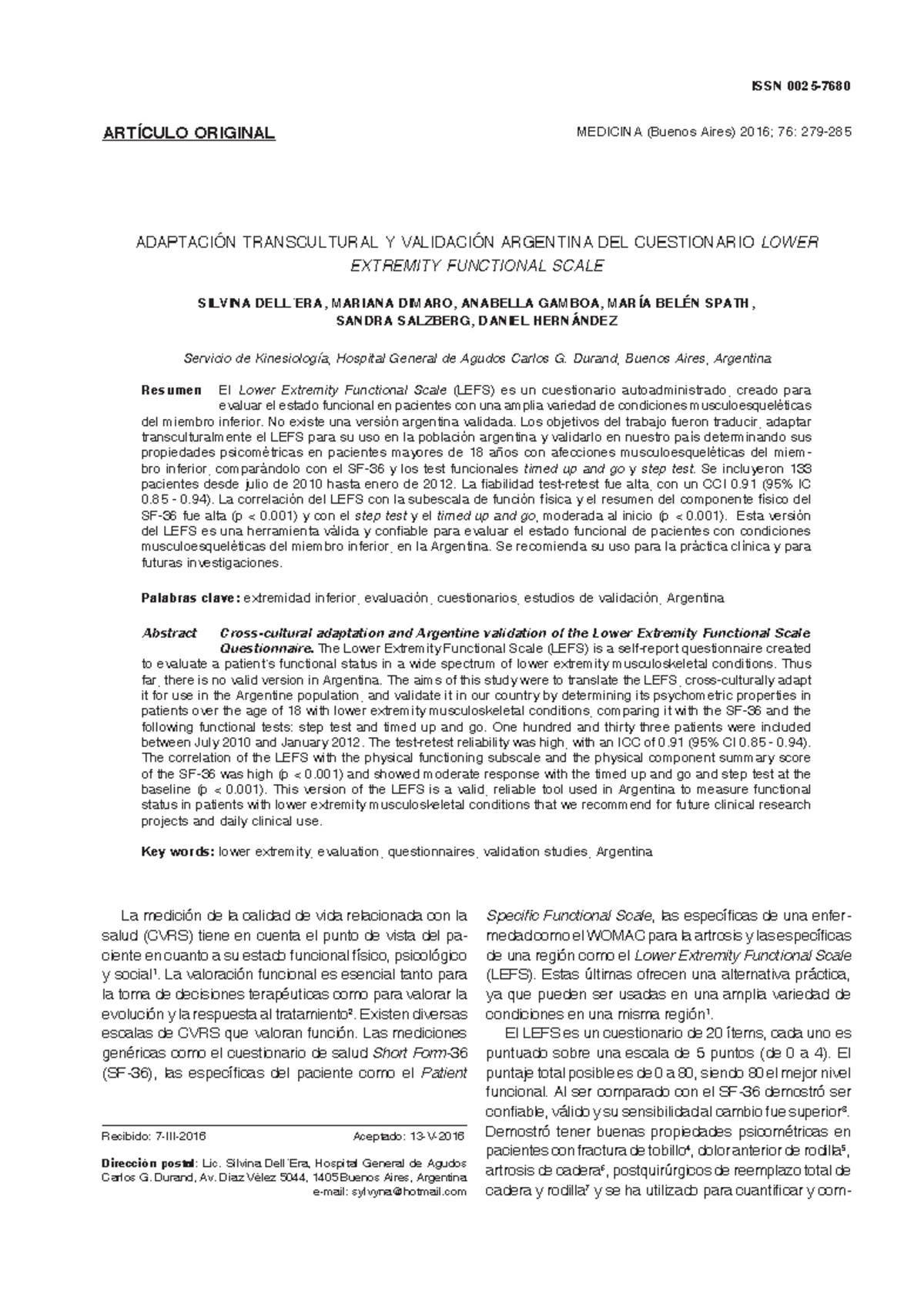Lower extremity functional scale - LEFS, VERSIÓN PARA ARGENTINA 279 ...