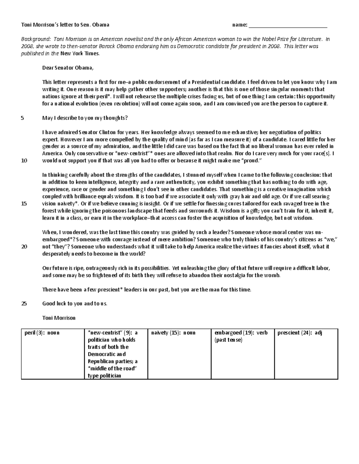 Morrison's Endorsement Letter to Sen. Obama - Summer Course Insights ...