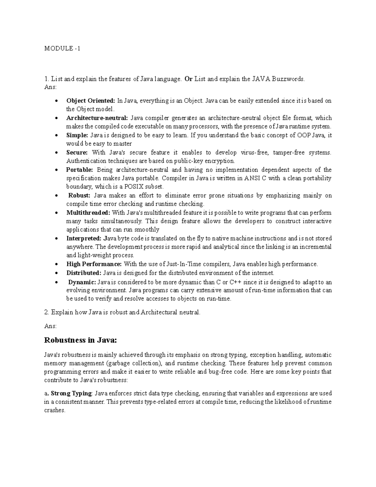 JAVA QB SOL: Key Features, Robustness, and Principles of Java - Studocu