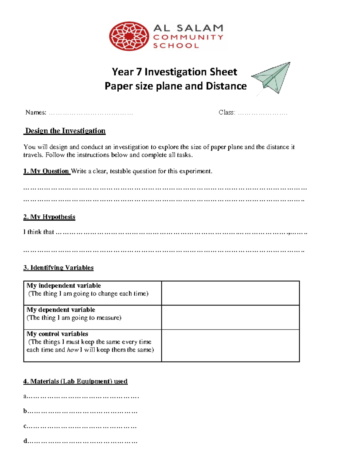 Year 7 Investigation: Paper Plane Size & Distance Analysis - Studocu