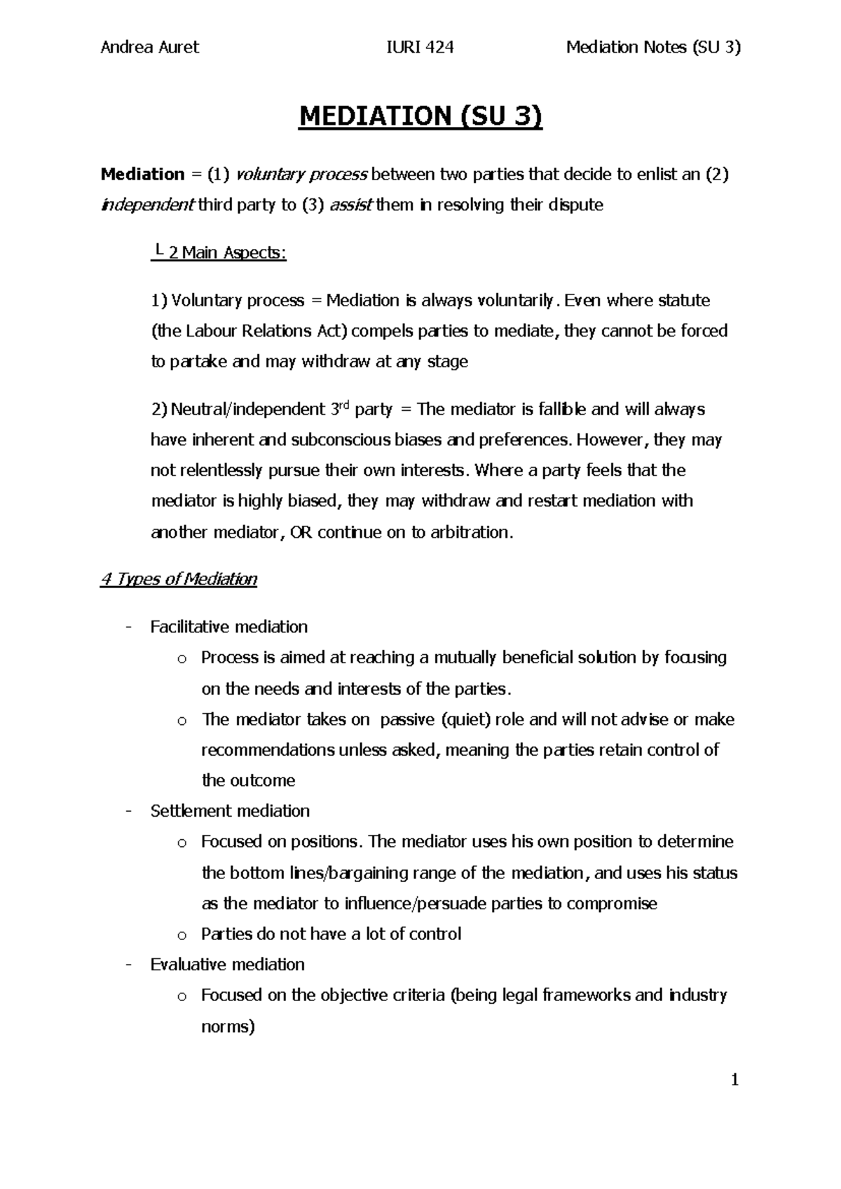 IURI 424 Mediation Notes (SU 3): Key Concepts and Case Studies - Studocu