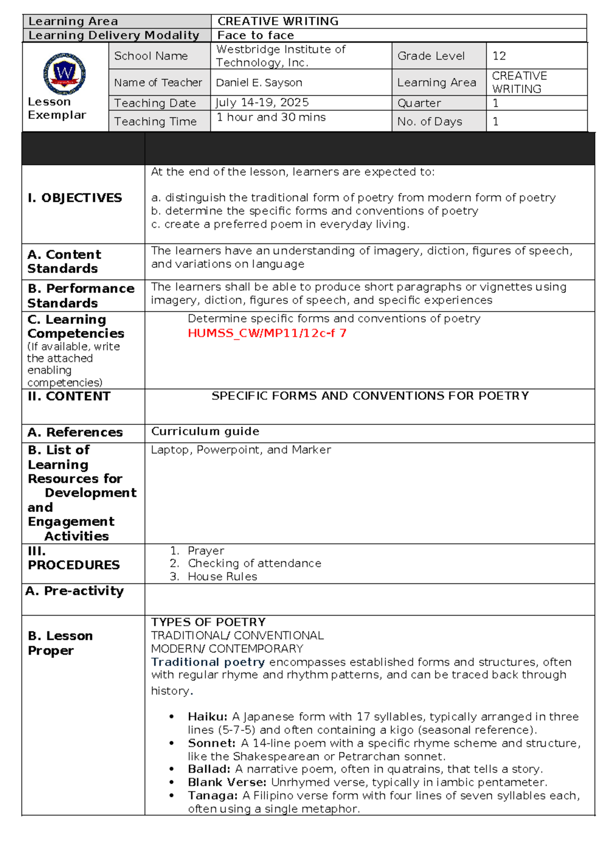 CREATIVE WRITING Lesson Exemplar for Grade 12 - Week 3 - Studocu