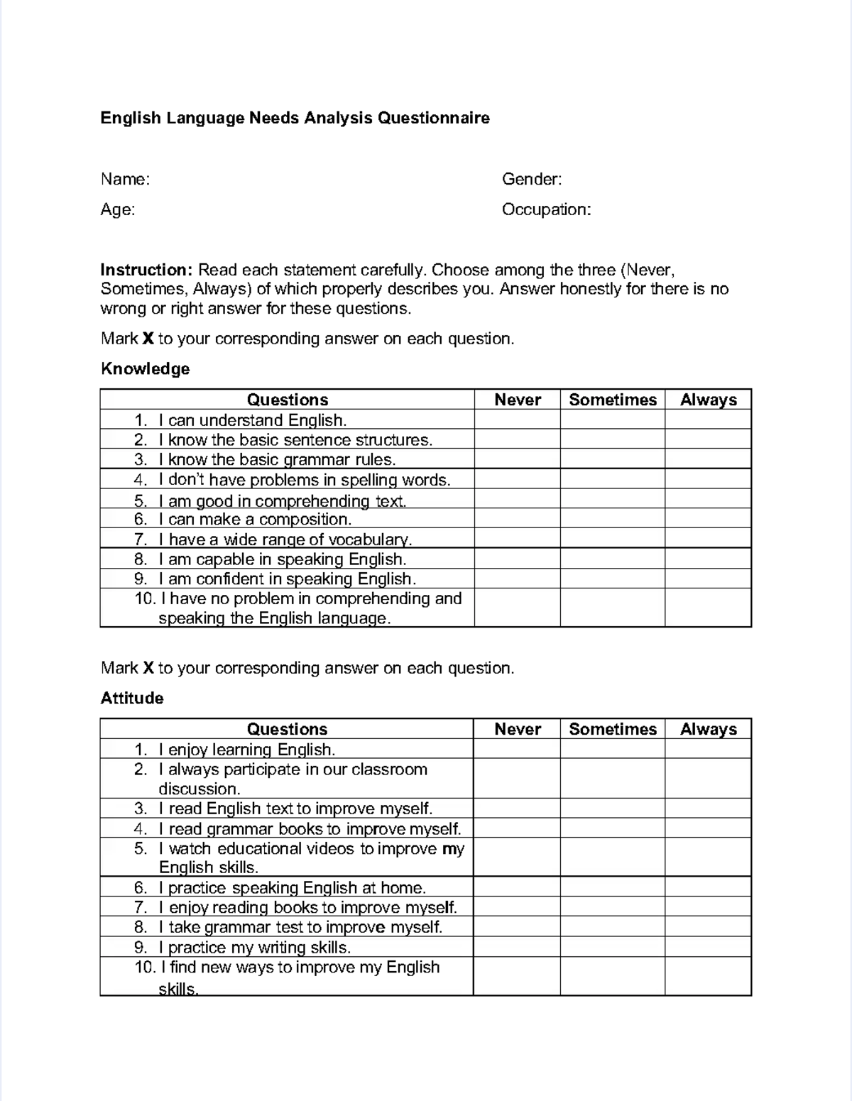 English Language Needs Analysis Questionnaire: A Comprehensive Survey ...