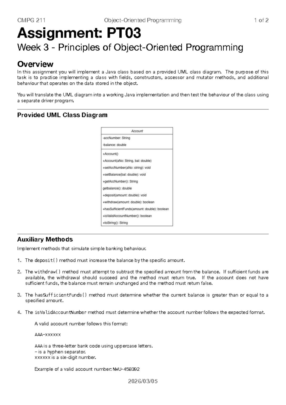 CMPG 211 Assignment: PT03 Week 3 Java Class Implementation - Studocu