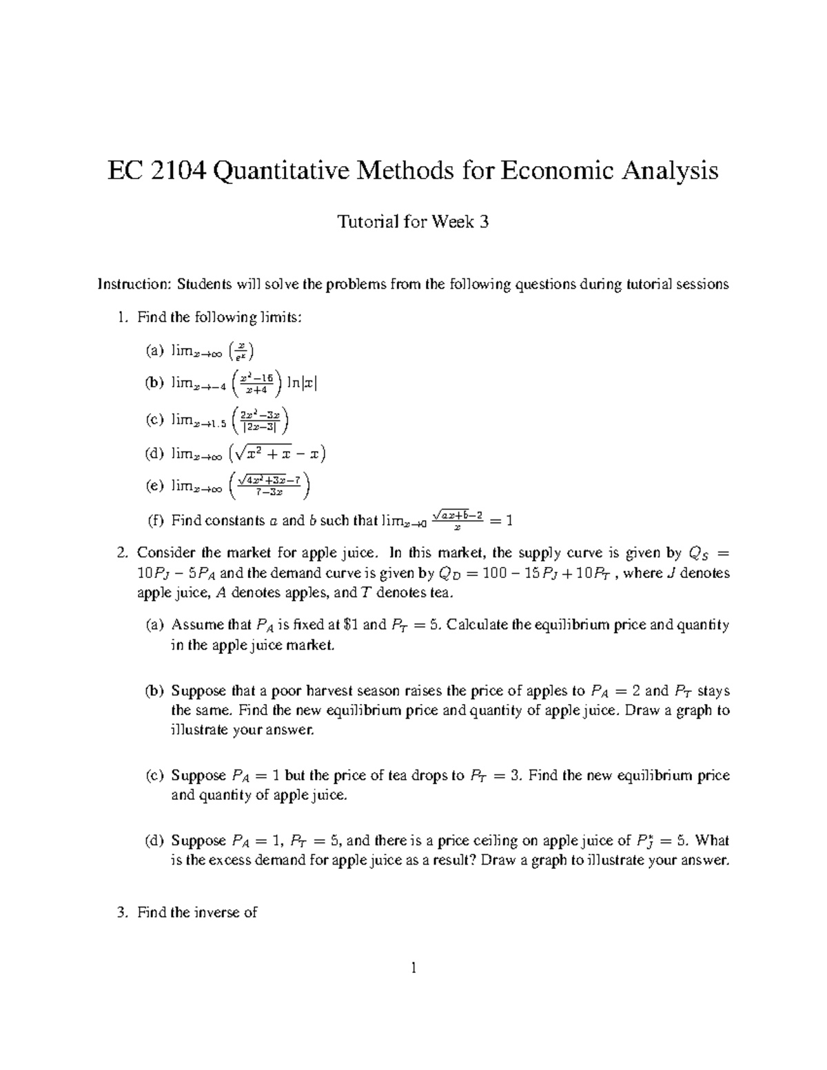Tutorial-Week3 question - EC 2104 Quantitative Methods for Economic ...