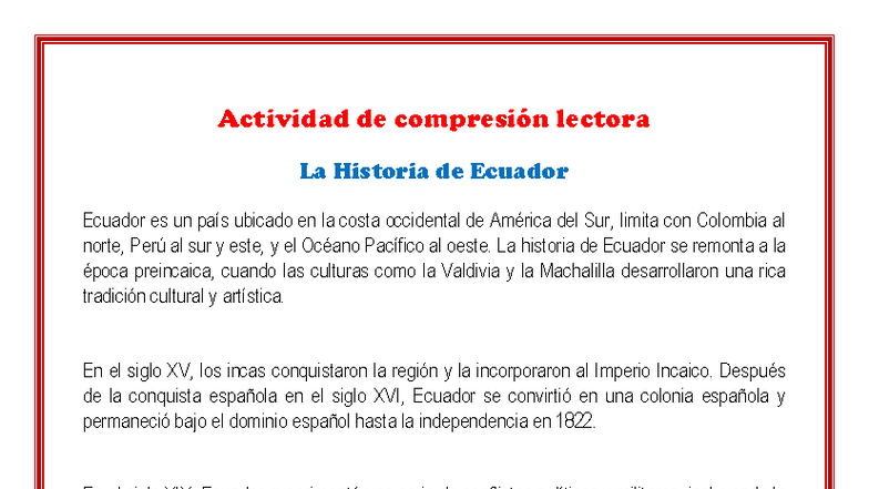 Actividad de Comprensión Lectora: Historia de Ecuador - Bachillerato ...