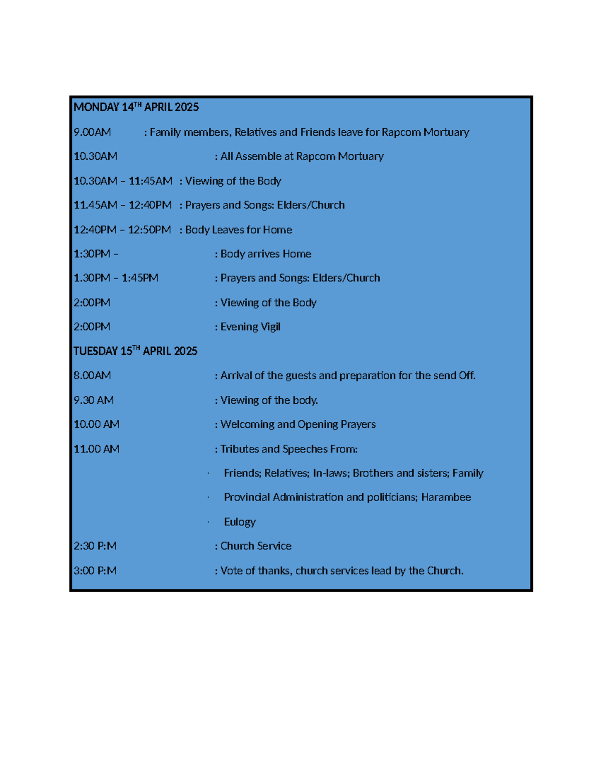 Funeral Schedule for Family & Friends - April 14-15, 2025 - Studocu