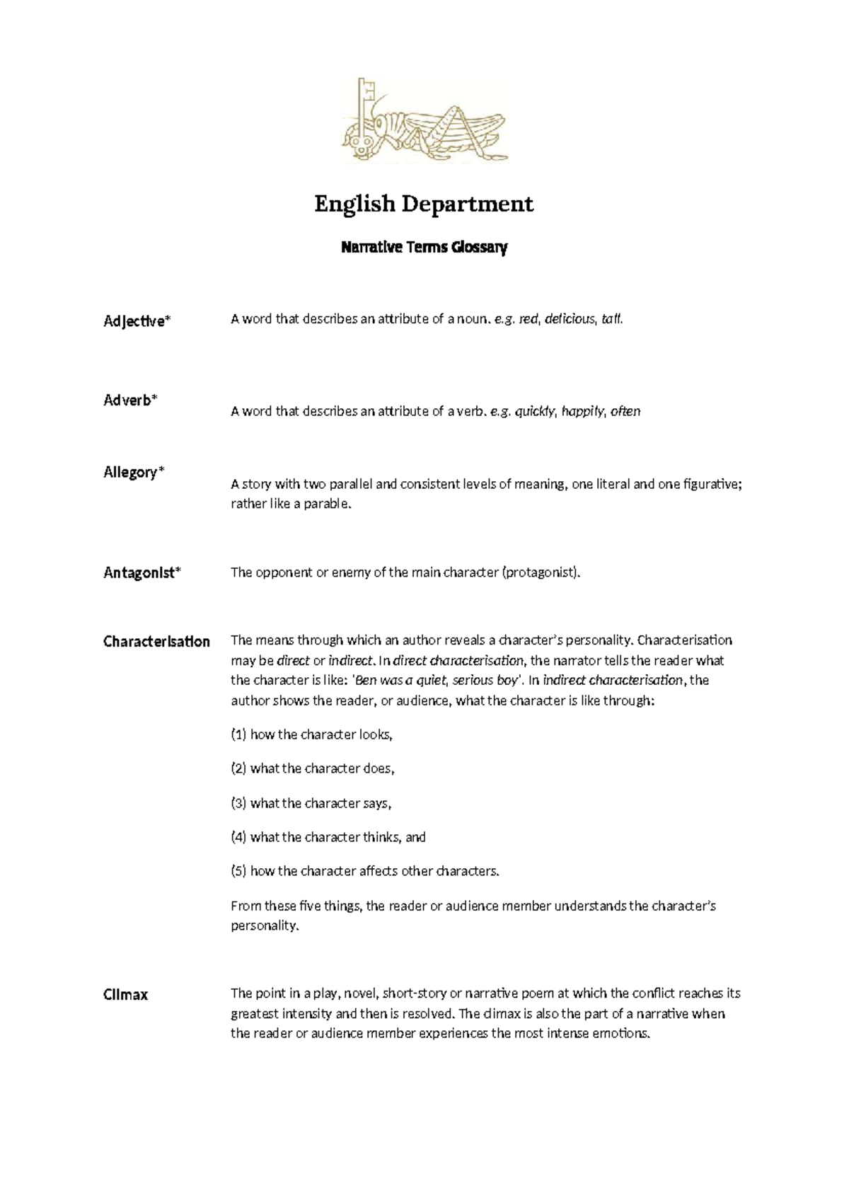 English Dept. Narrative Terms Glossary for Literary Analysis - Studocu