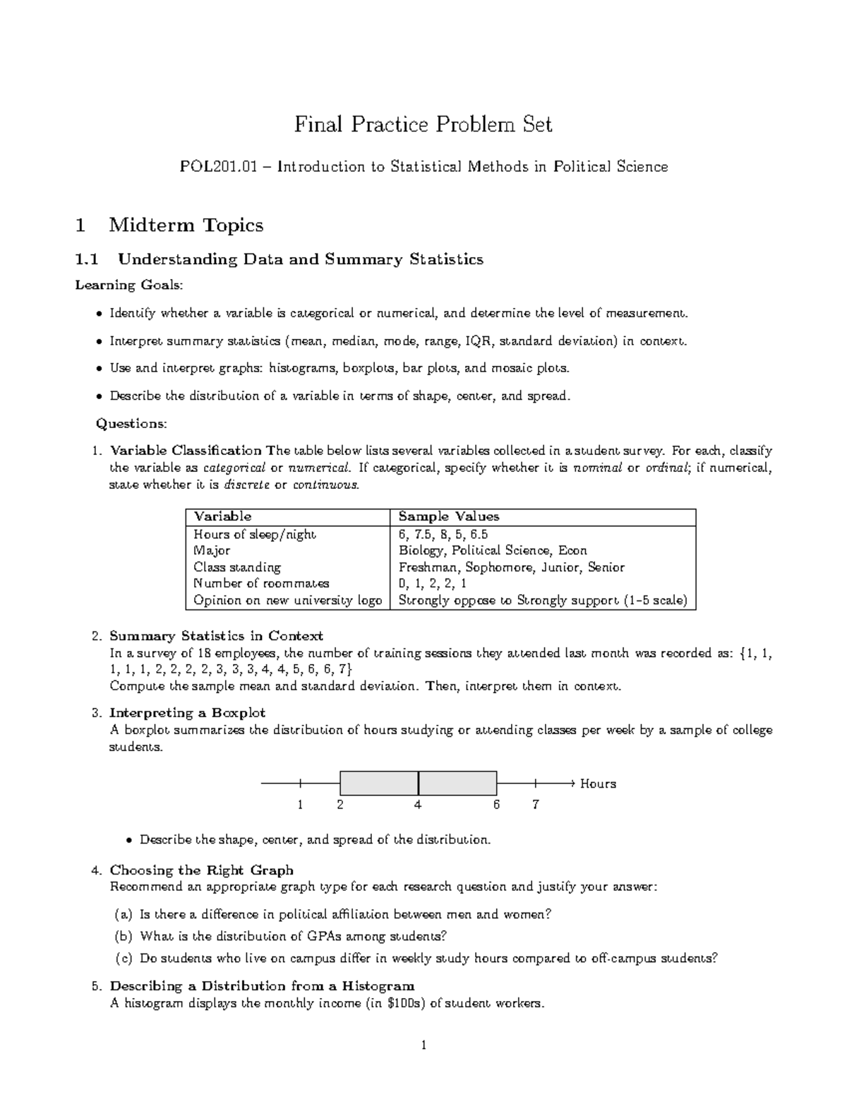 POL201.01 Midterm Review: Statistical Methods and Inference Techniques - Final Practice Problem ...