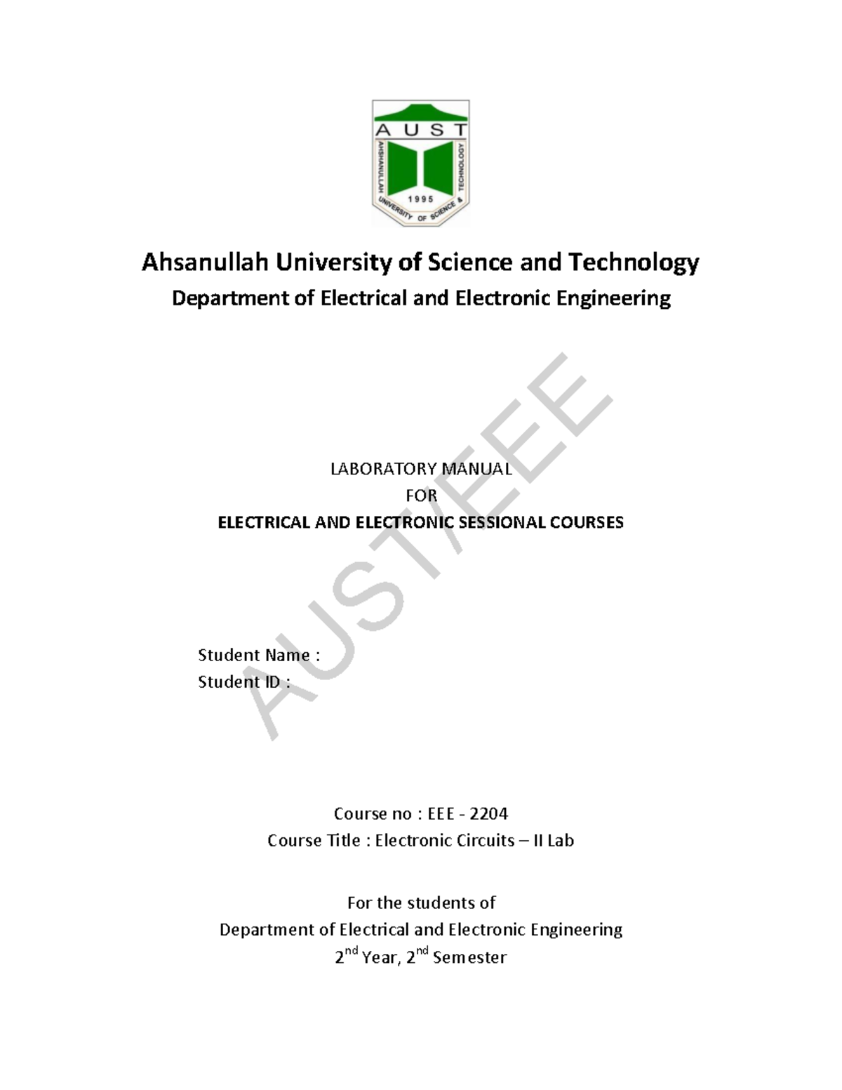 EEE 2204 - Electronic Circuits II Lab Manual and Experiments - Studocu