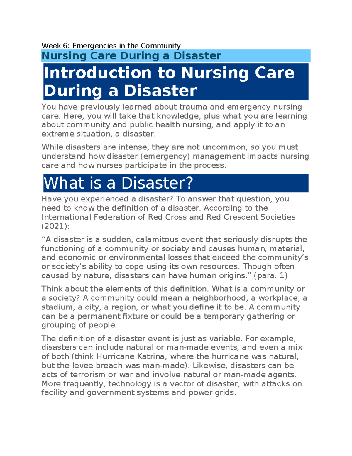 Week 6: Community Nursing Care in Disaster Management (NURS 101) - Studocu