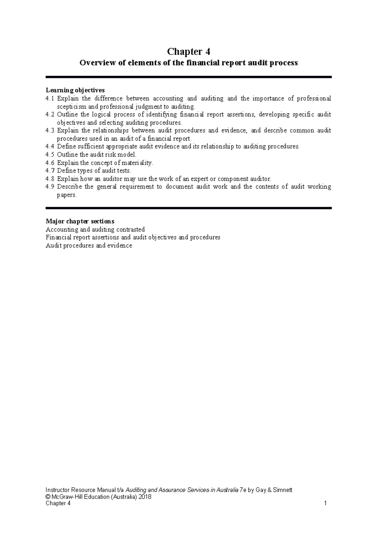 Ch04 - workshop answers - Chapter 4 Overview of elements of the financial report audit process ...