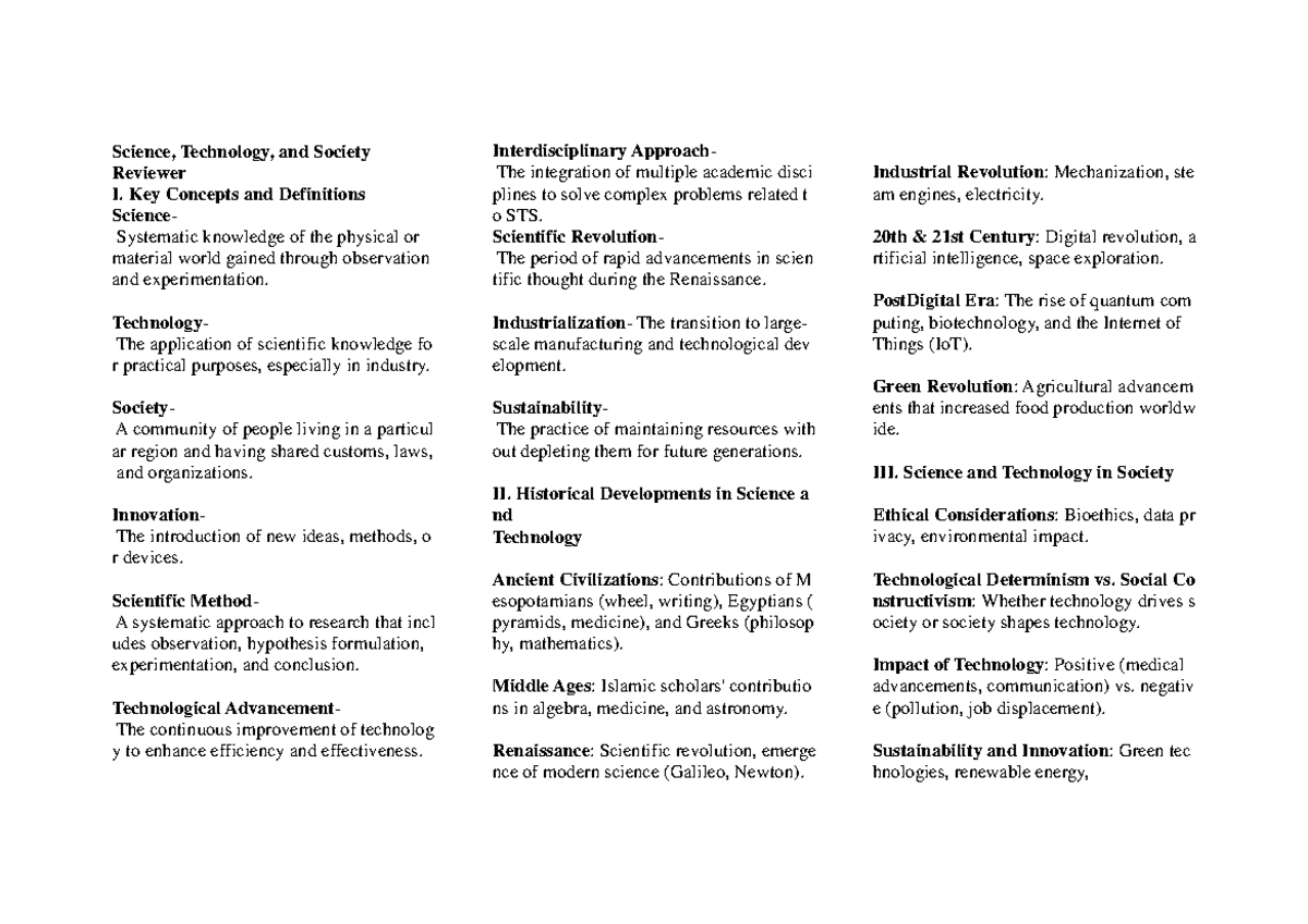 Science, Technology, and Society Reviewer I: Key Concepts & Definitions - Studocu