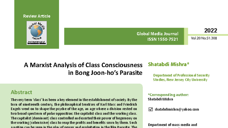 A Marxist Analysis of Class Consciousness in Bong Joon Ho's Parasite ...