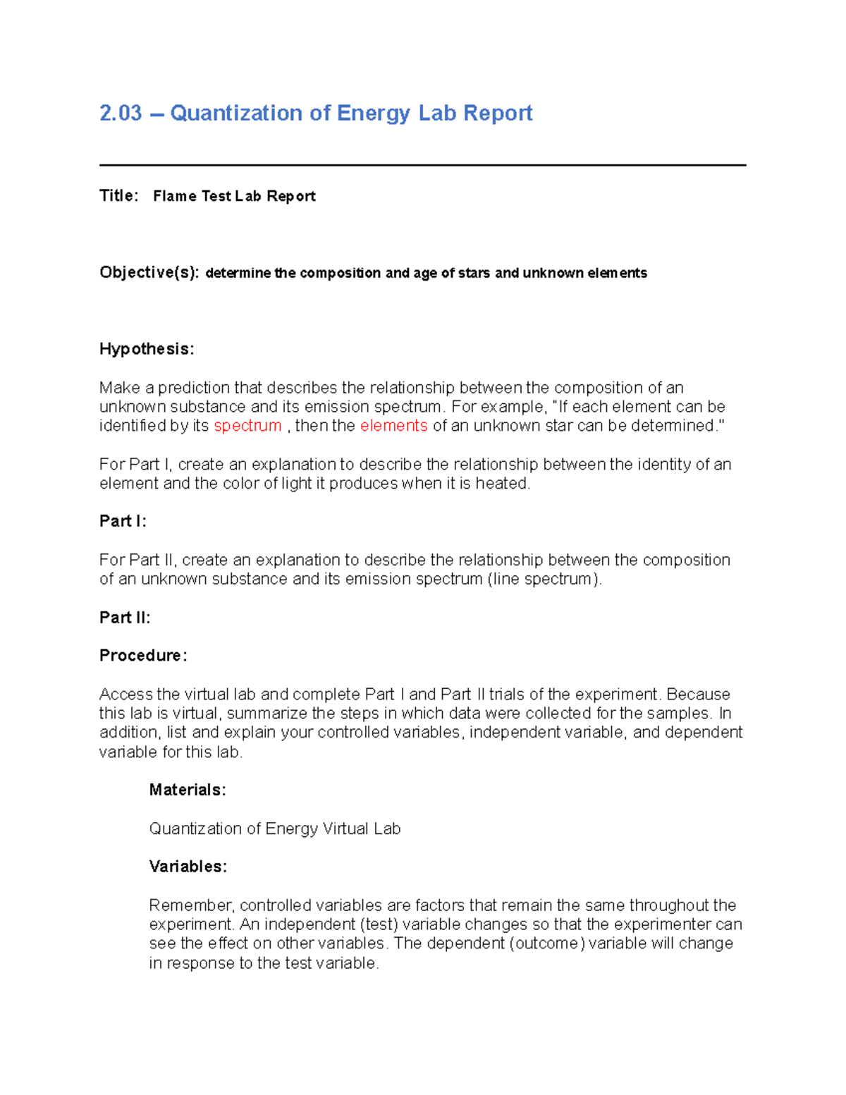 2.03CHEM - work - 2 - Quantization of Energy Lab Report Title: Flame ...