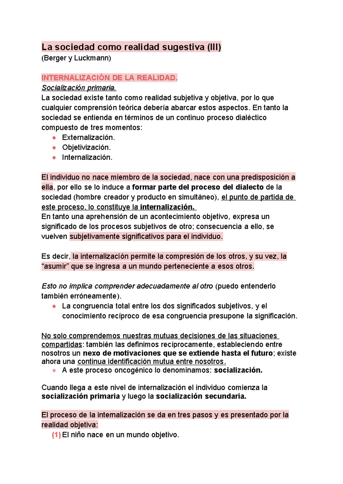 Resumen del Capítulo 3: Internalización en la Socialización (Berger y ...