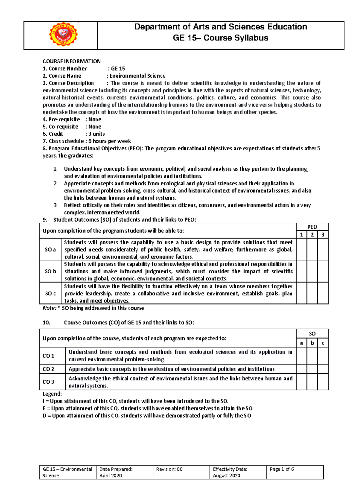 GE 15 - Environmental Science Course Syllabus and Evaluation Guide ...