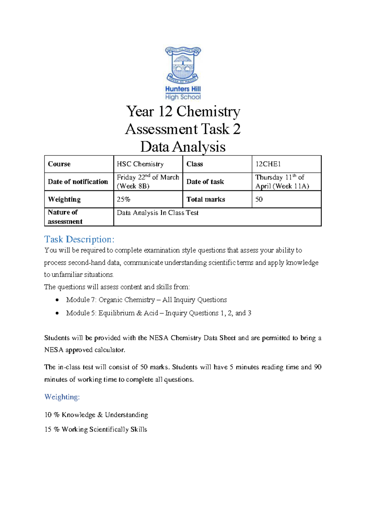 AT2 Chemistry Data Analysis Notification - Year 12 Chemistry Assessment ...