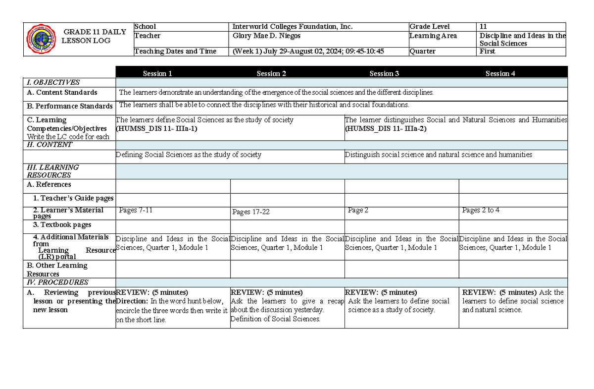 HUMSS_DIS 11 Lesson Log - Week 1 Overview and Objectives - Studocu