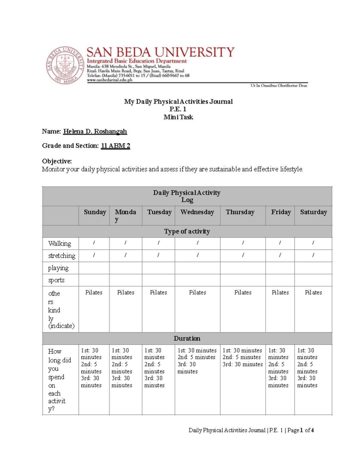 Daily Physical Activities Journal P.E. 1 - Helena D. Roshangah - Studocu