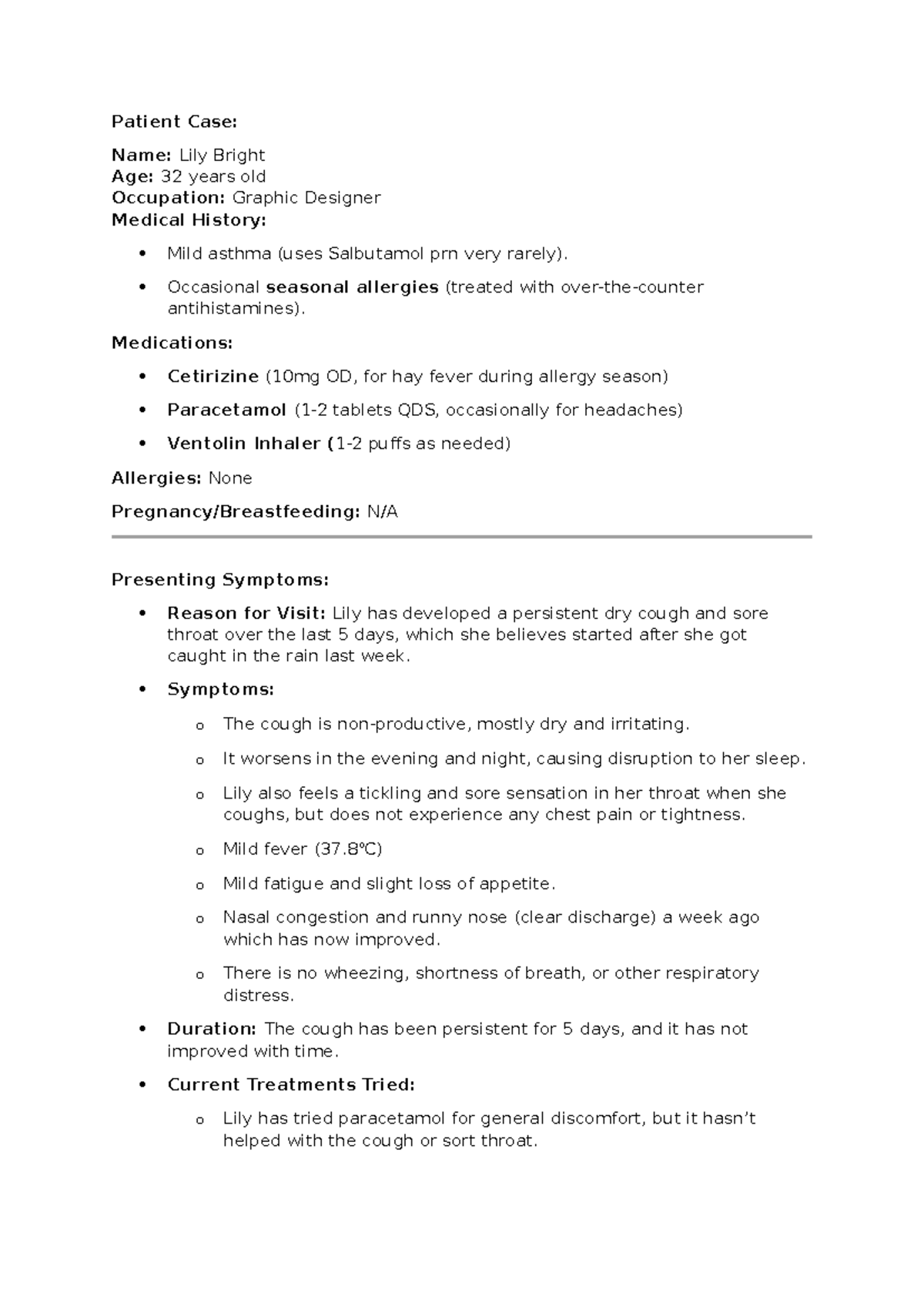 Scenario 1 Patient Brief - Patient Case: Name: Lily Bright Age: 32 ...