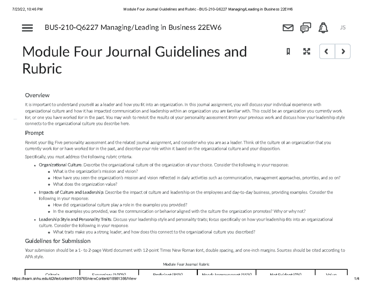 Module Four Journal Guidelines and Rubric - BUS-210-Q6227 Managing ...