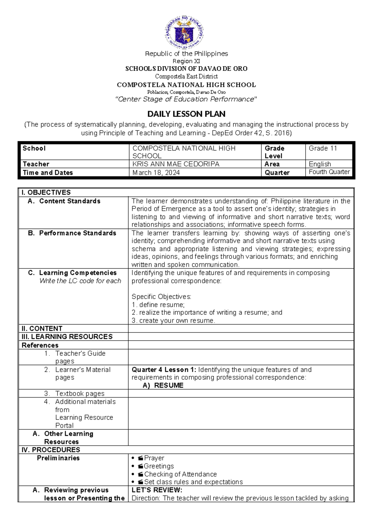 Daily Lesson Plan for Resume Writing - G11 HUMSS Quarter 4 - Studocu