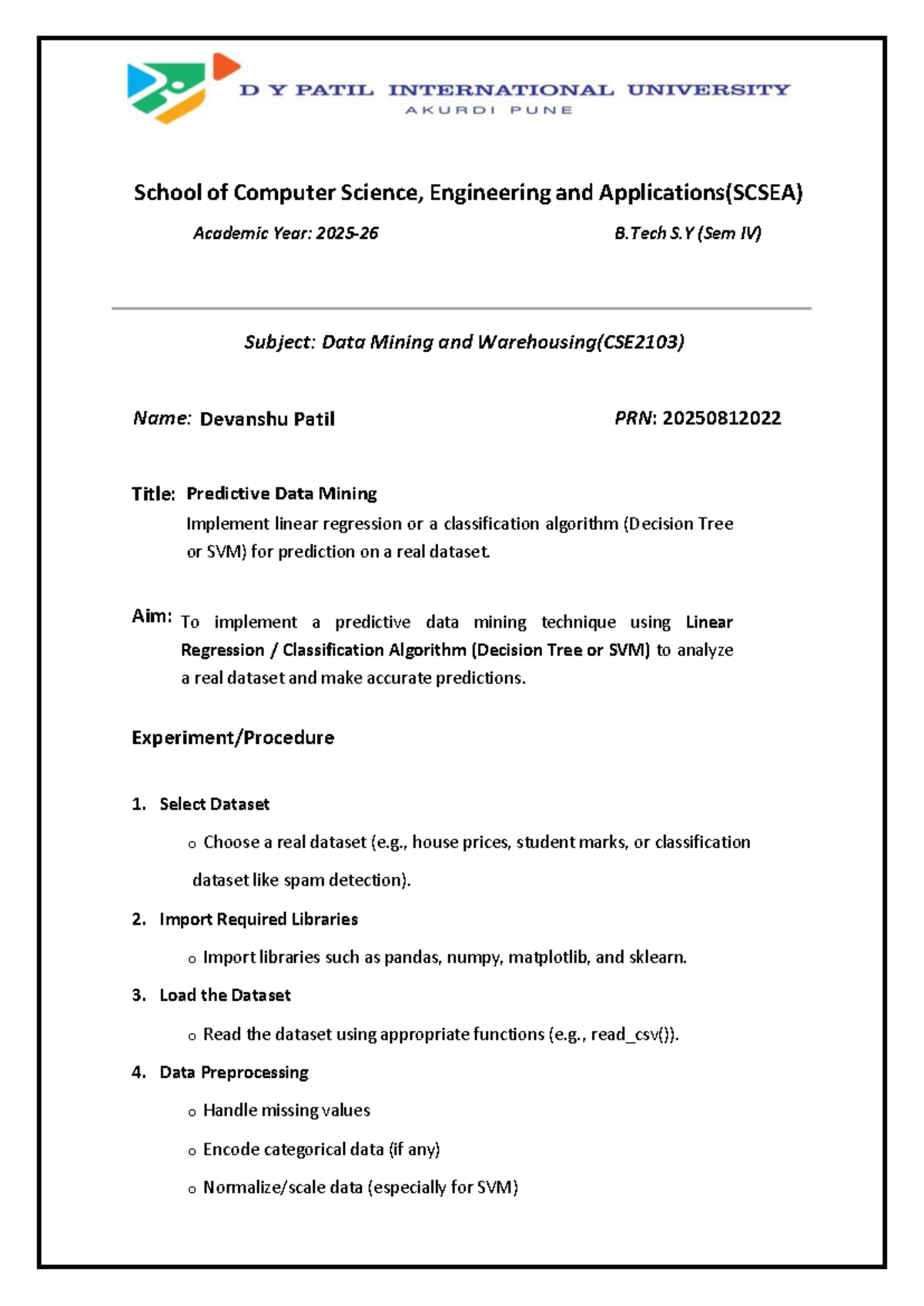 CSE2103 DMW Lab 7: Implementing Predictive Data Mining Techniques - Studocu