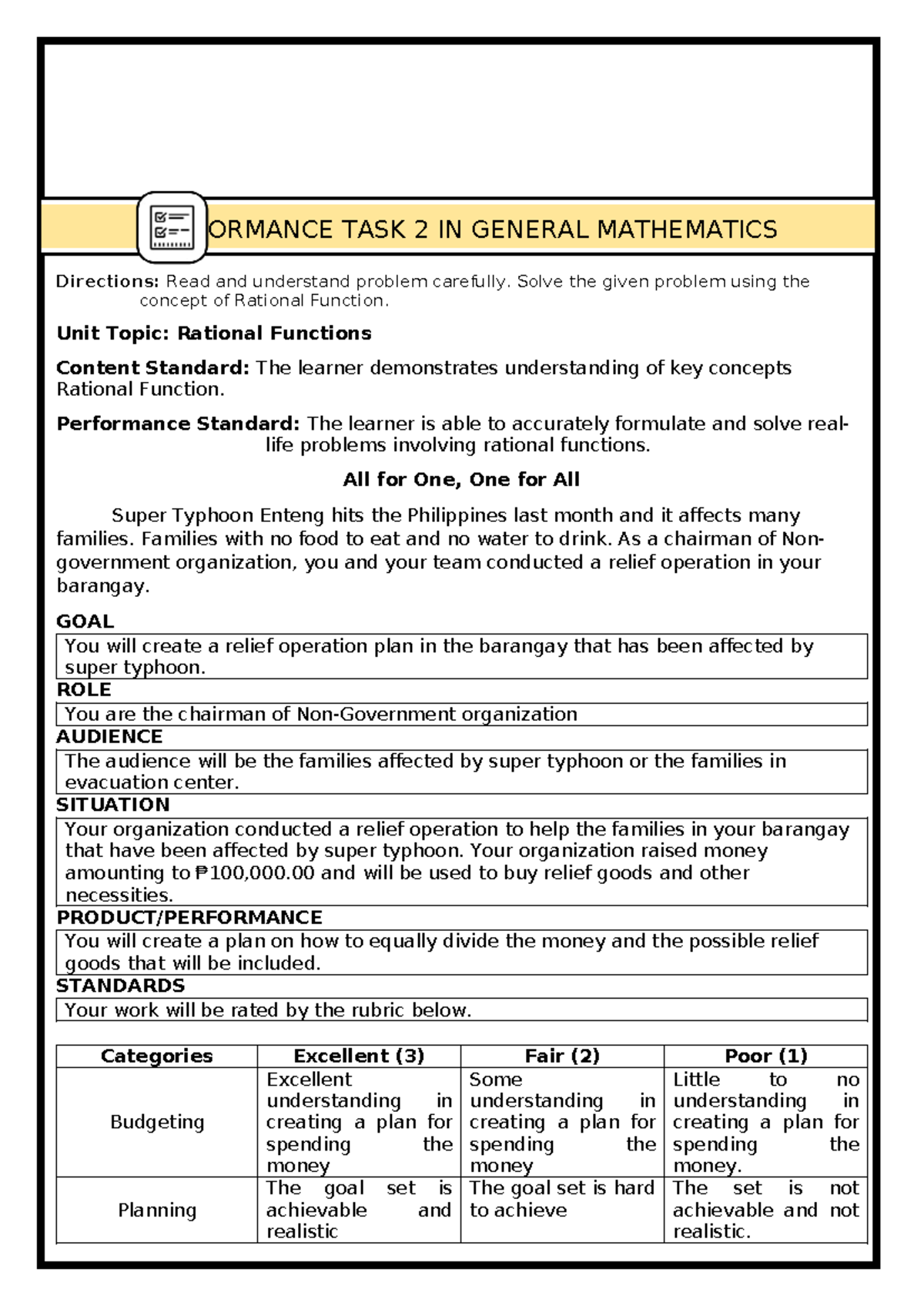 Performance Task 2: Rational Function Relief Operation Proposal - Studocu