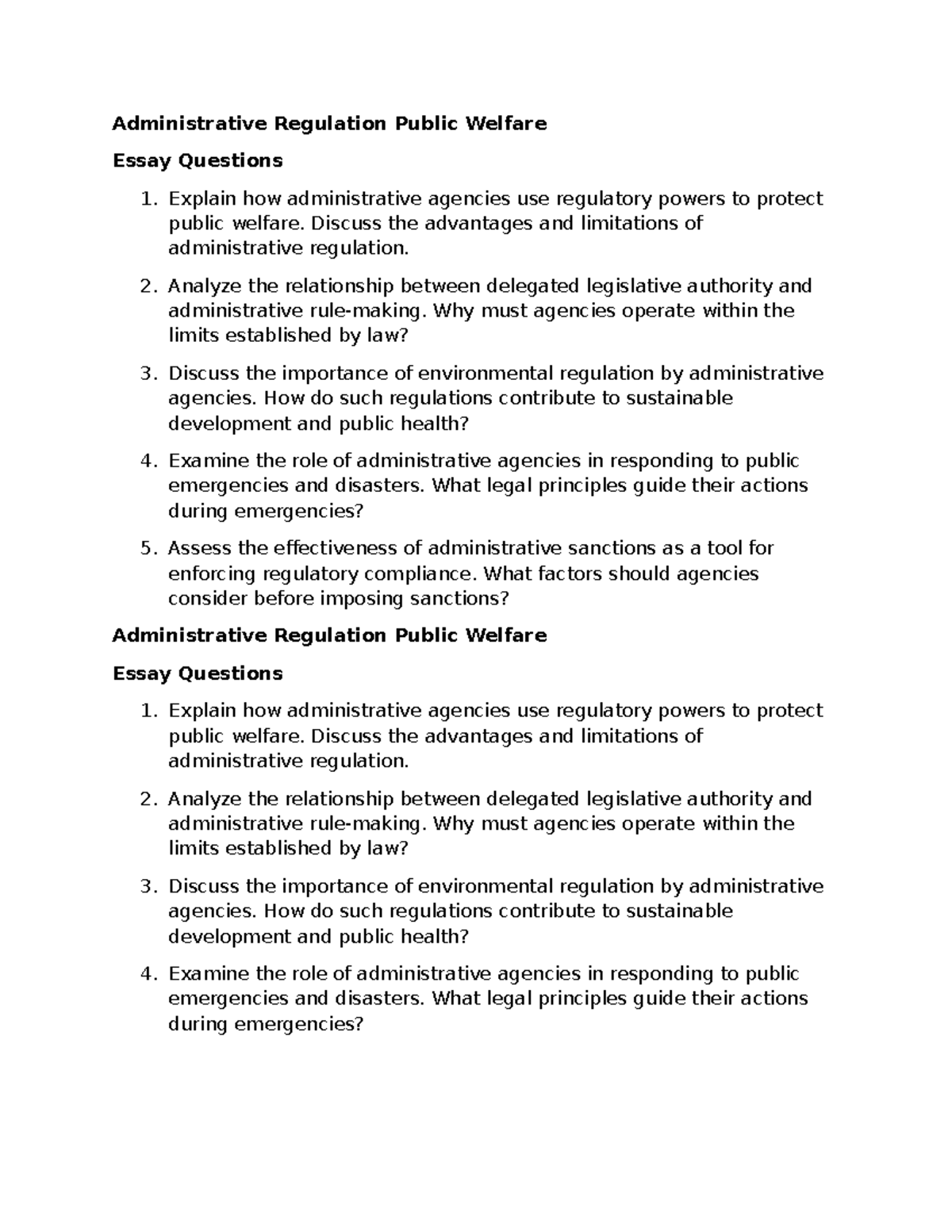 Administrative Regulation Public Welfare Essay Questions Analysis - Studocu
