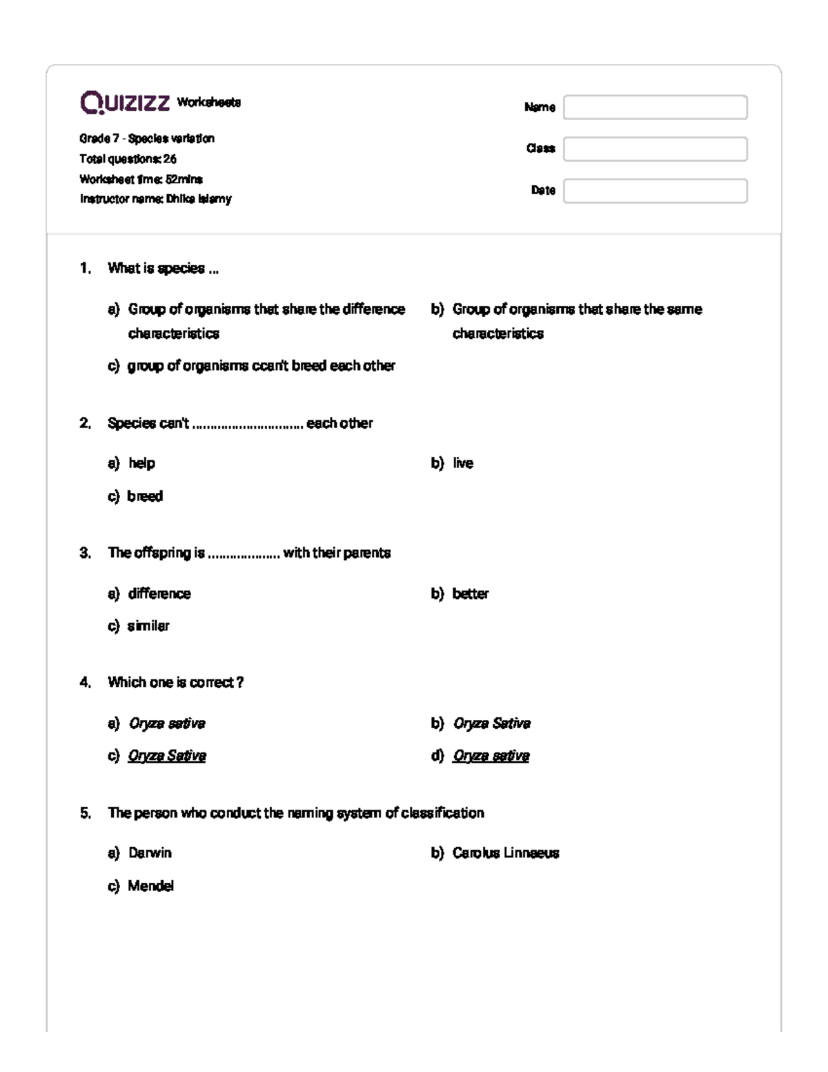 Grade 7 - Species Variation Quiz Worksheet (Total: 26 Qs) - Studocu