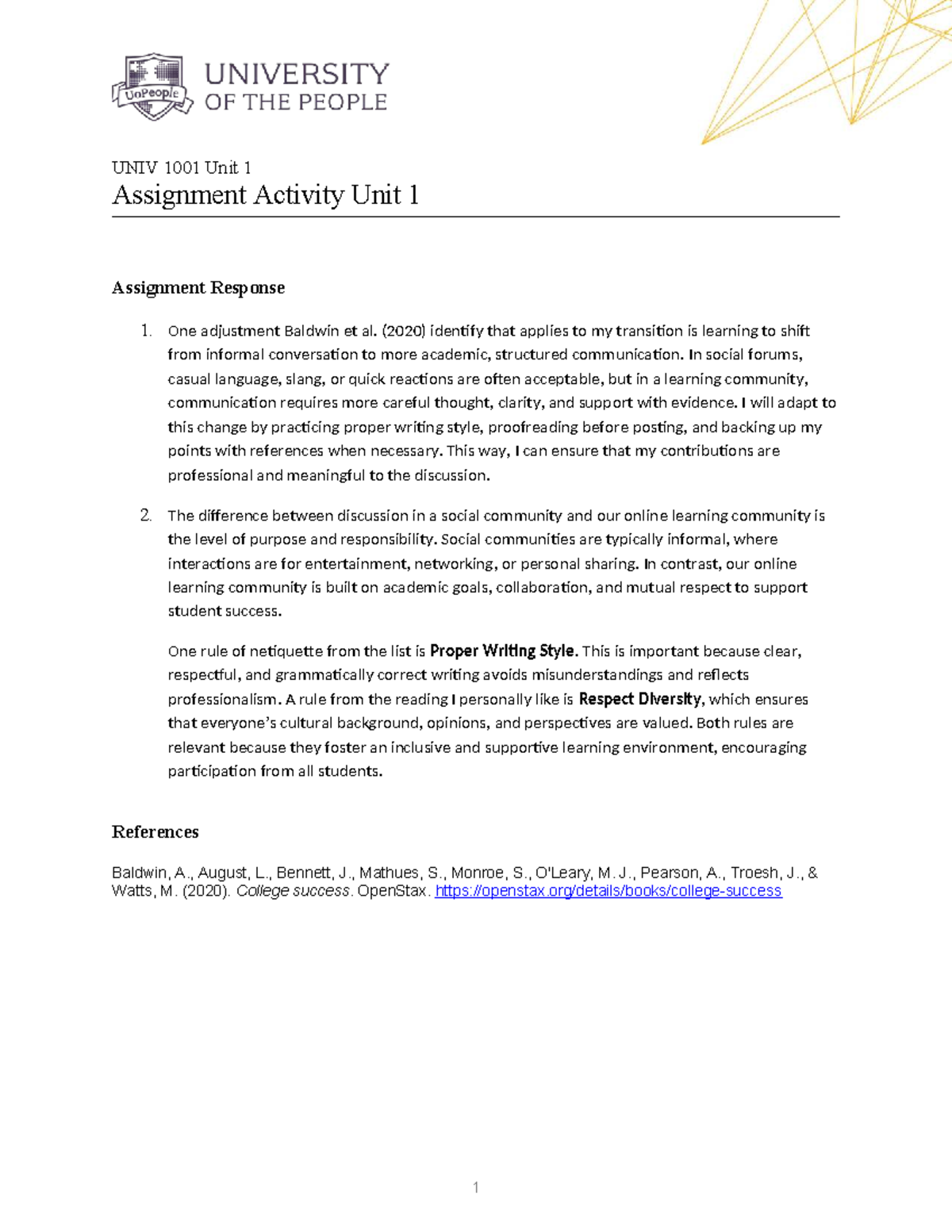UNIV 1001 Unit 1 Assignment: Adapting to Academic Communication - Studocu