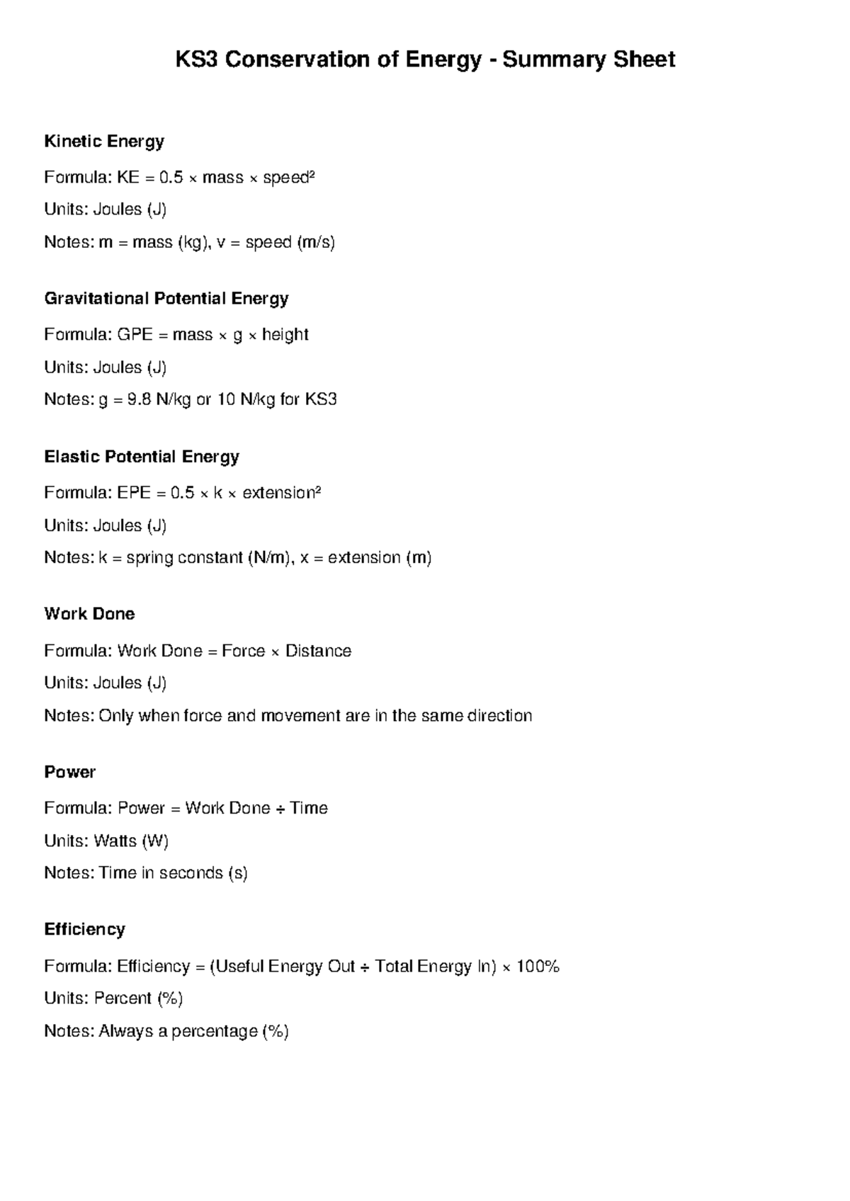 KS3 Energy Equations Summary Sheet: Key Formulas & Units - Studocu